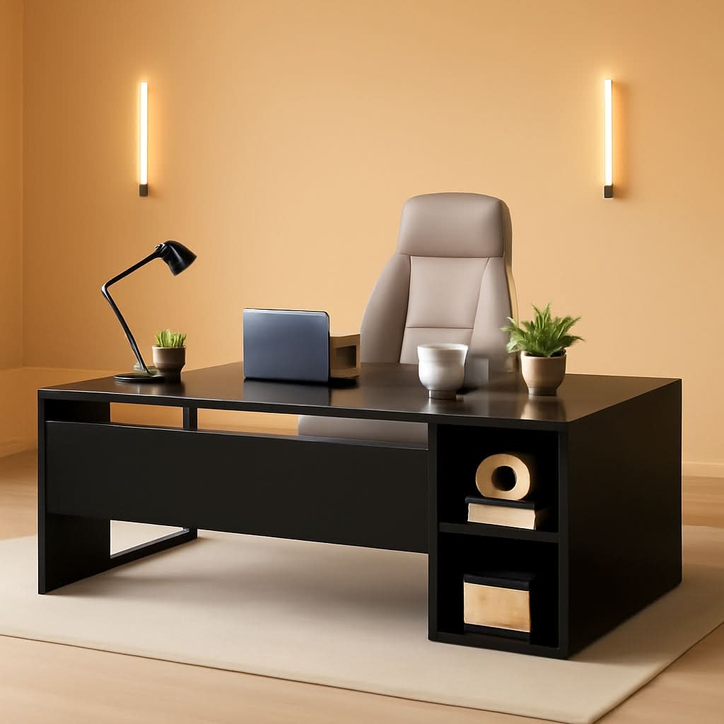 71 Inch L Shaped Executive Desk Brown And Black Office — ShipItFurniture