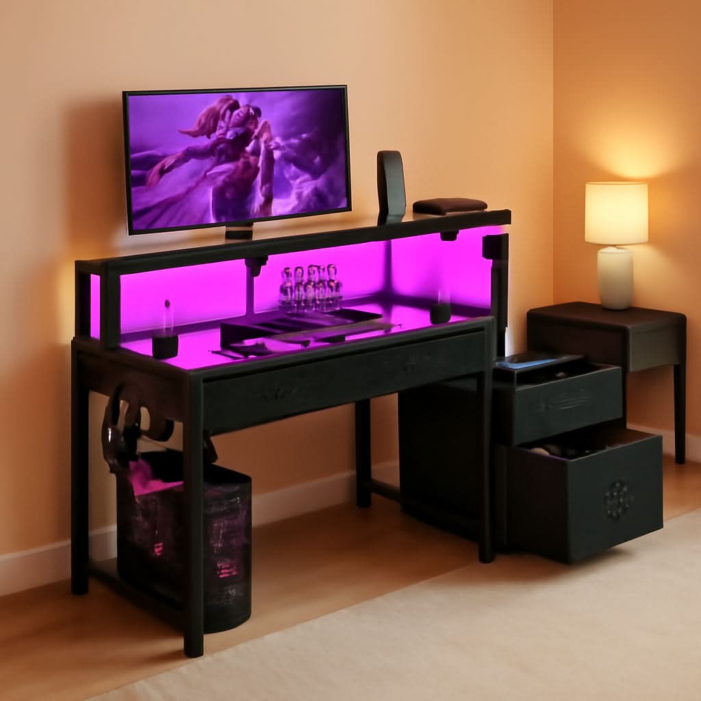 48-Inch Computer Desk with Power Outlets and LED Lights, Gaming Desk w ...
