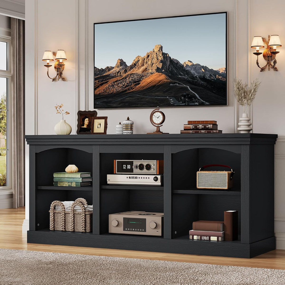 Black Farmhouse Television Stand With Cord Management — ShipItFurniture