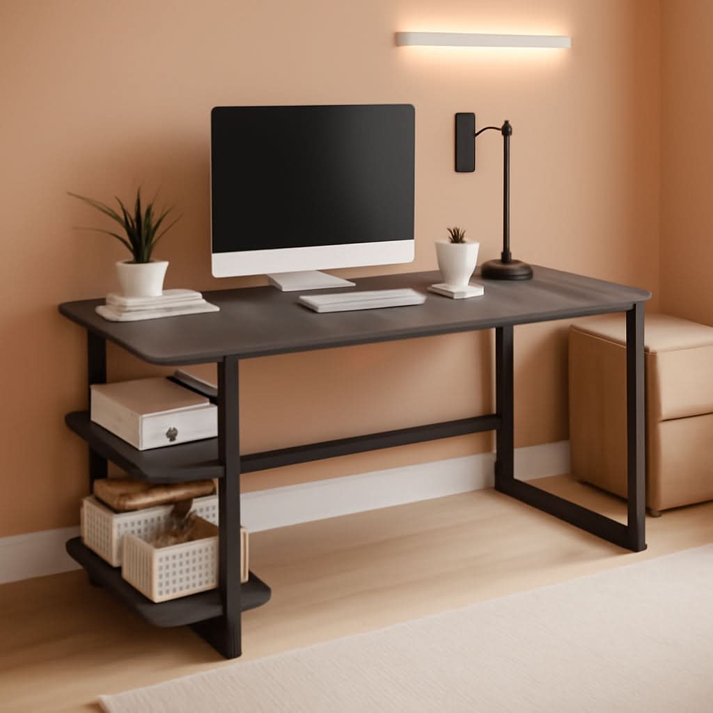 Grey Wood Rustic Industrial Computer Desk With Two Shelves ...