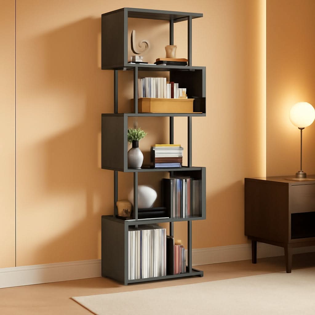 6 Tier Bookshelf Tall Geometric Bookcase, S-Shaped Industrial Display ...