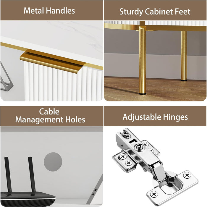 70 Inch White Gold Marble Top TV Entertainment Center — ShipItFurniture