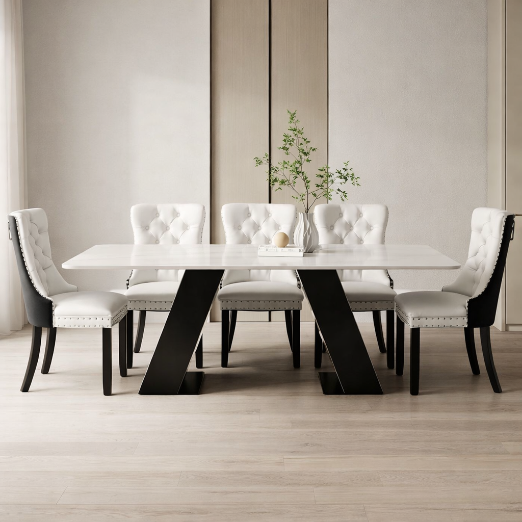 Contemporary White Faux Marble Dining Table with 6 White PU & Black Ve ...