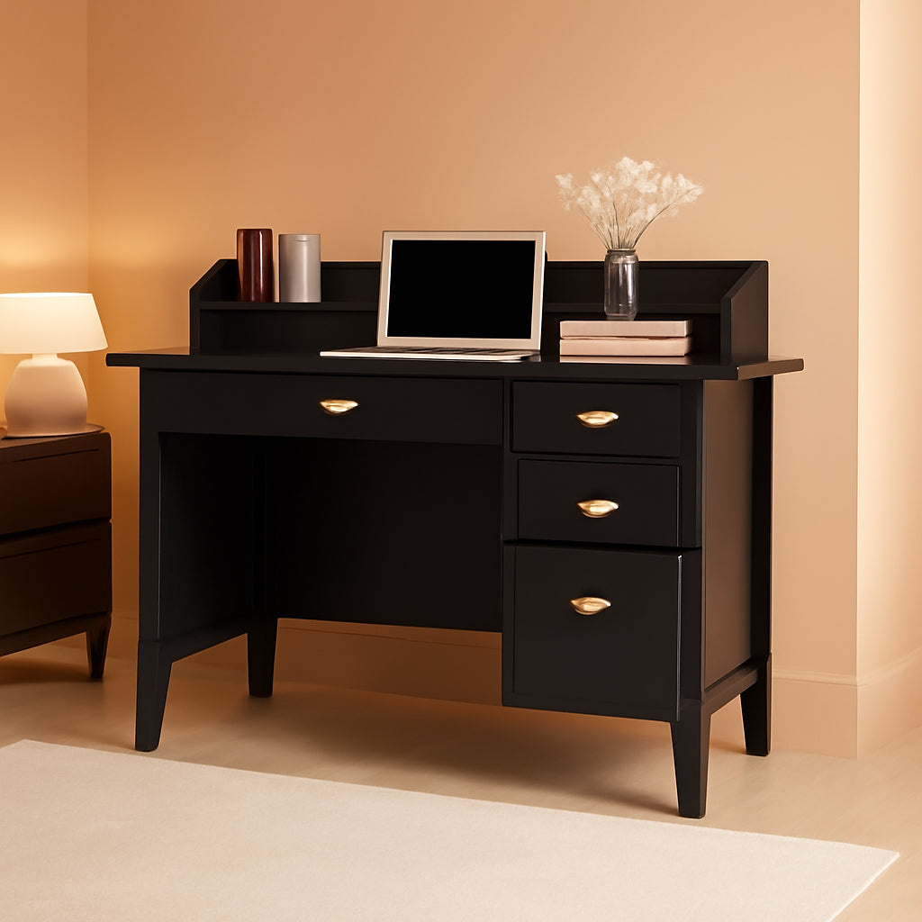 Matte Black Desk with Drawers and Hutch — ShipItFurniture