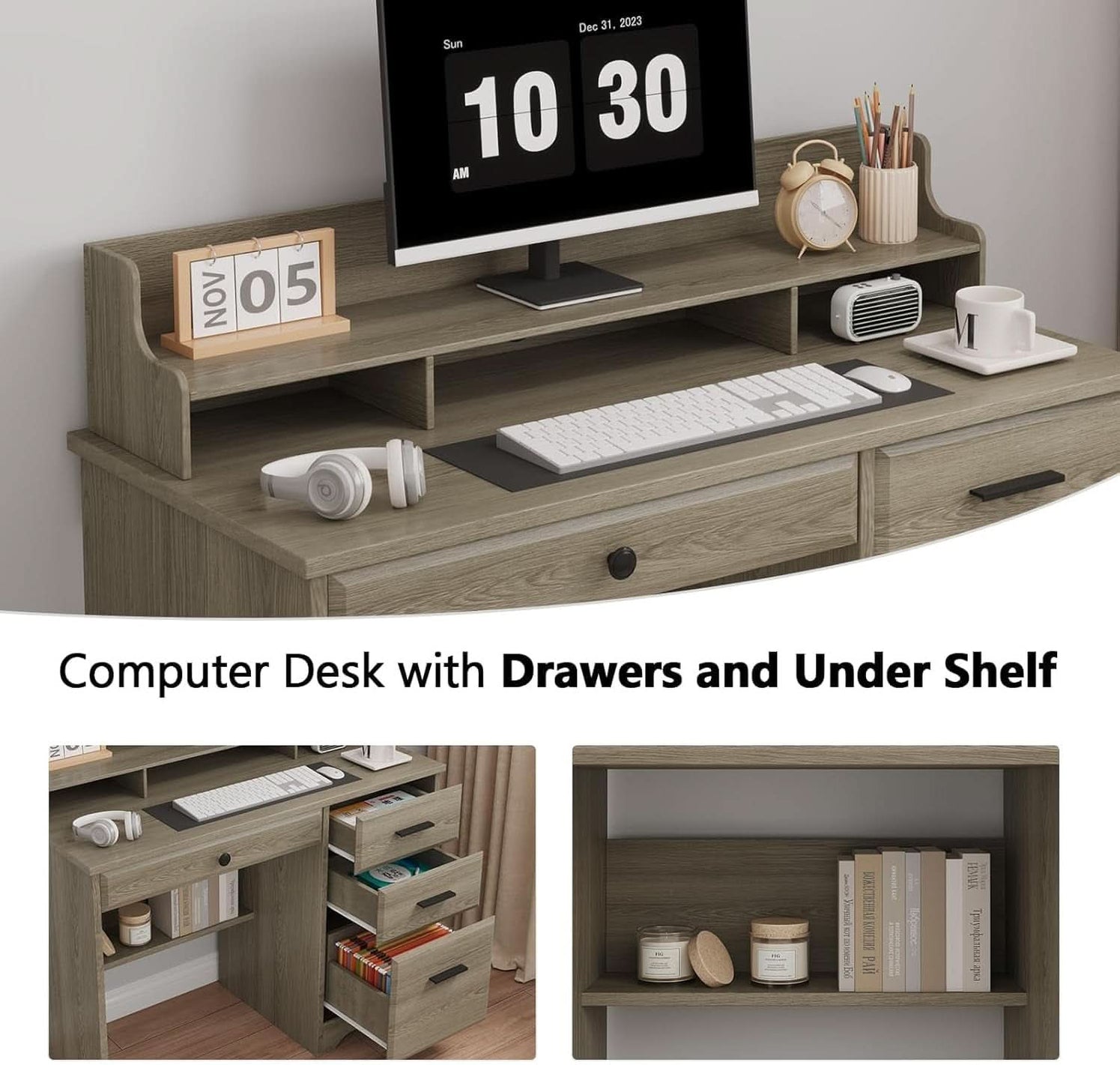 Grey Computer Desk With Drawers And Monitor Stand For Home Office ...