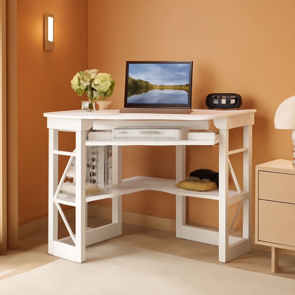 Corner Computer Desk with Keyboard Tray and Storage Shelves ...