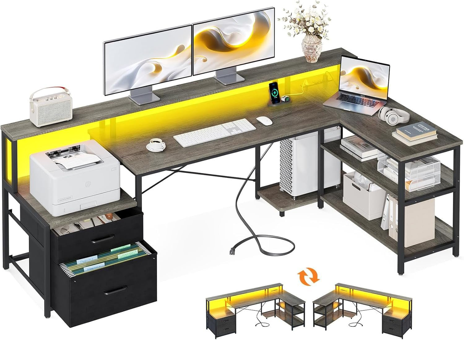 L Shaped Desk with File Drawer, 75" Reversible L Shaped Computer Desk ...