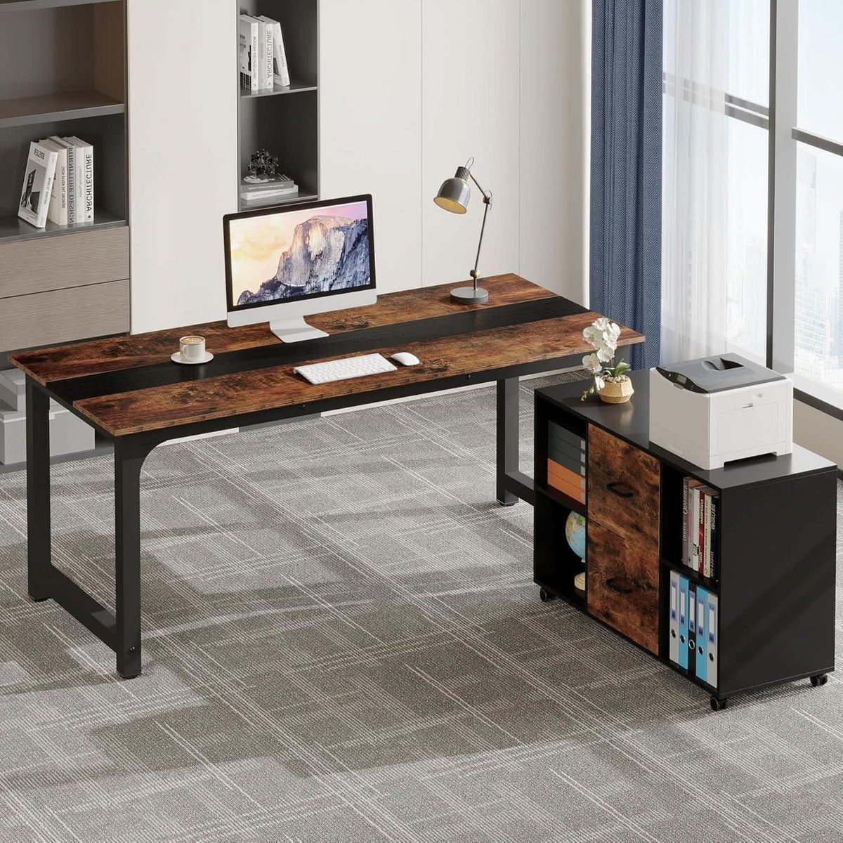 L-Shaped Executive Office Desk With Spacious File Cabinet — ShipItFurniture