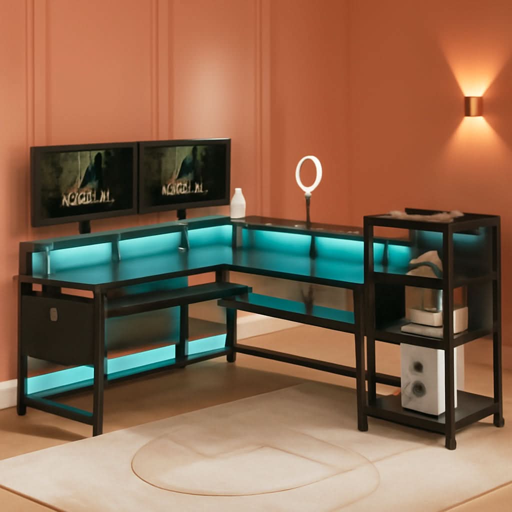 L Shaped Gaming Desk with LED Strip and Storage Shelves — ShipItFurniture