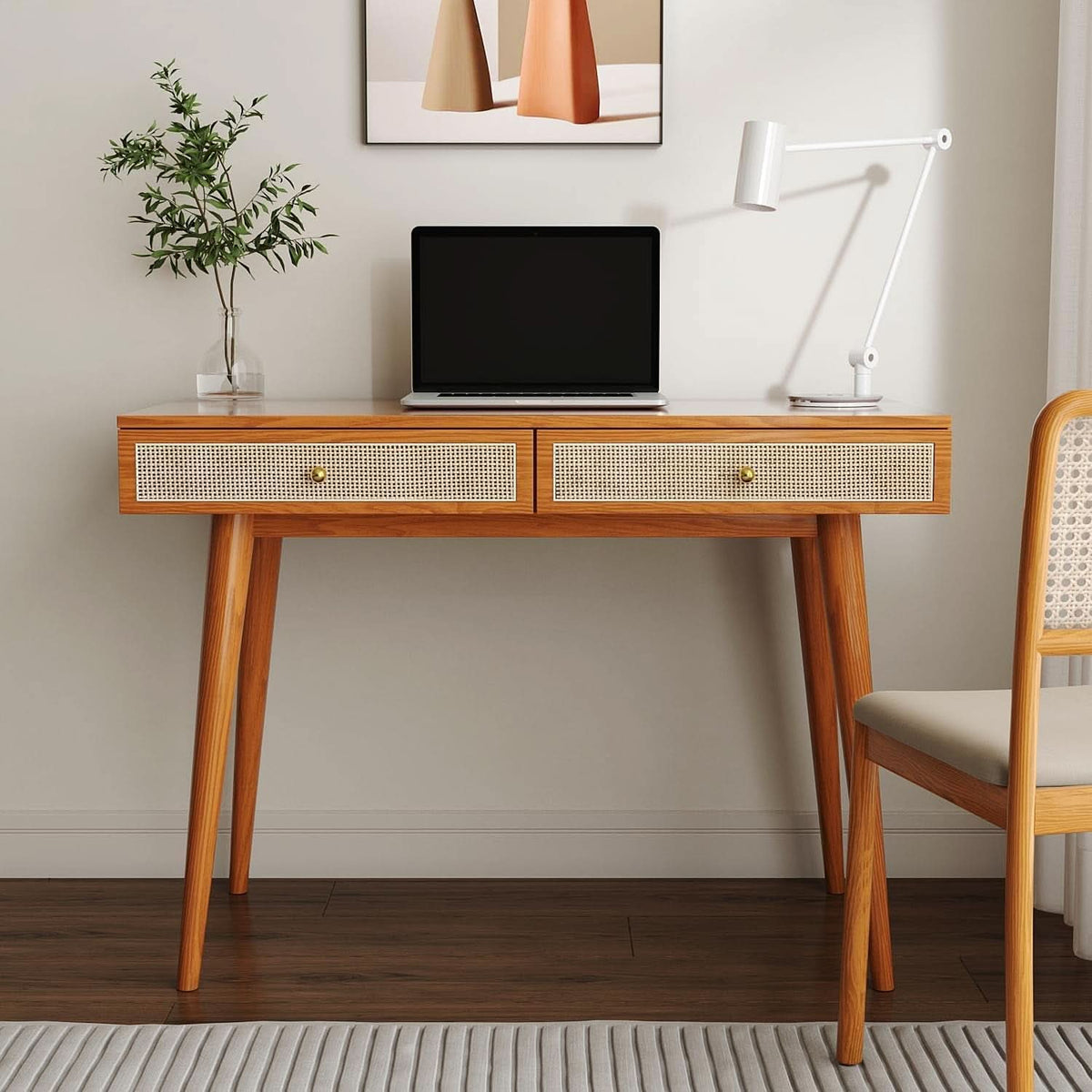 Mid-Century Modern Solid Wood Desk with Drawers – 45 Inch Small Boho R ...