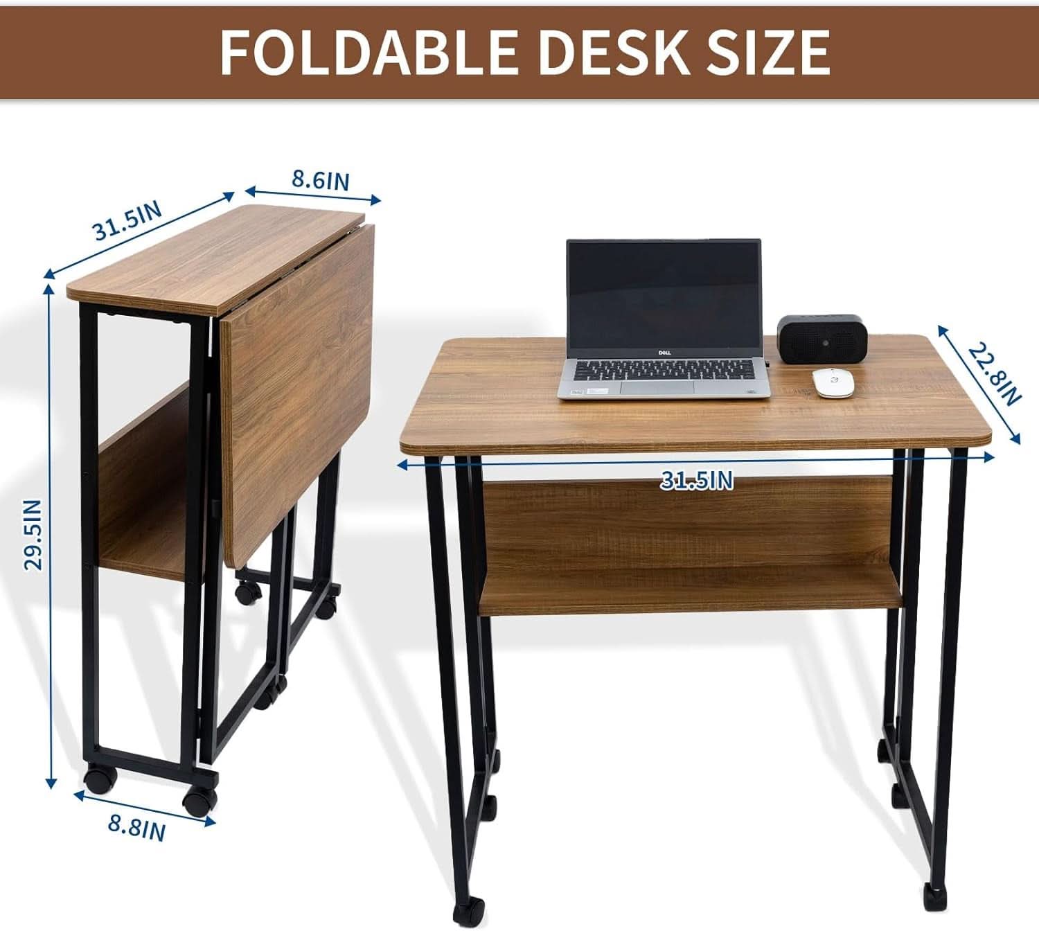 Brown Foldable Computer Desk With Wheels And Storage For Home Office ...