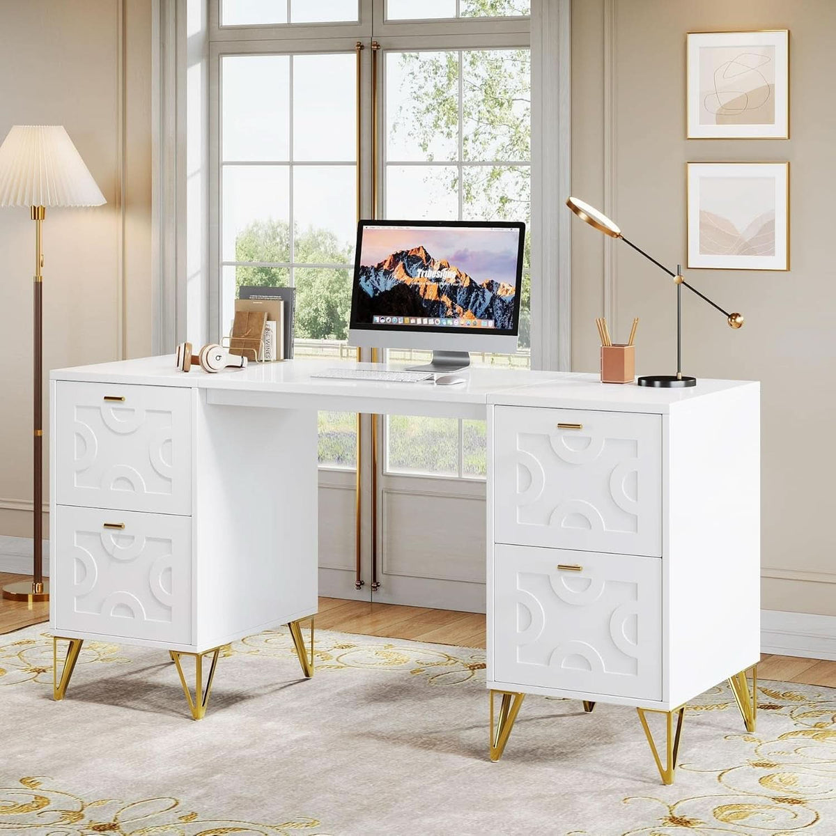 Modern 59 Inch White Executive Computer Desk with Drawers — ShipItFurniture
