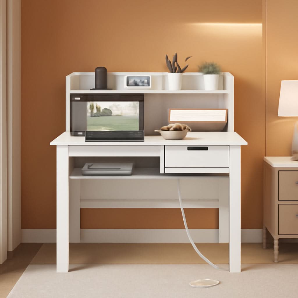 Modern White Computer Desk with Charging Ports and Storage ...