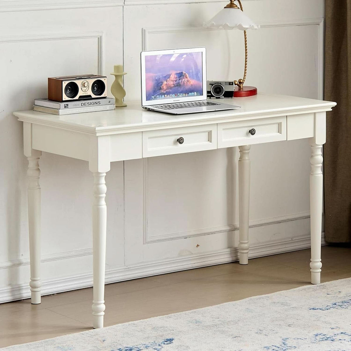White Desk with Drawers, 47 Inch Home Office Desks Solid Wood Writing ...