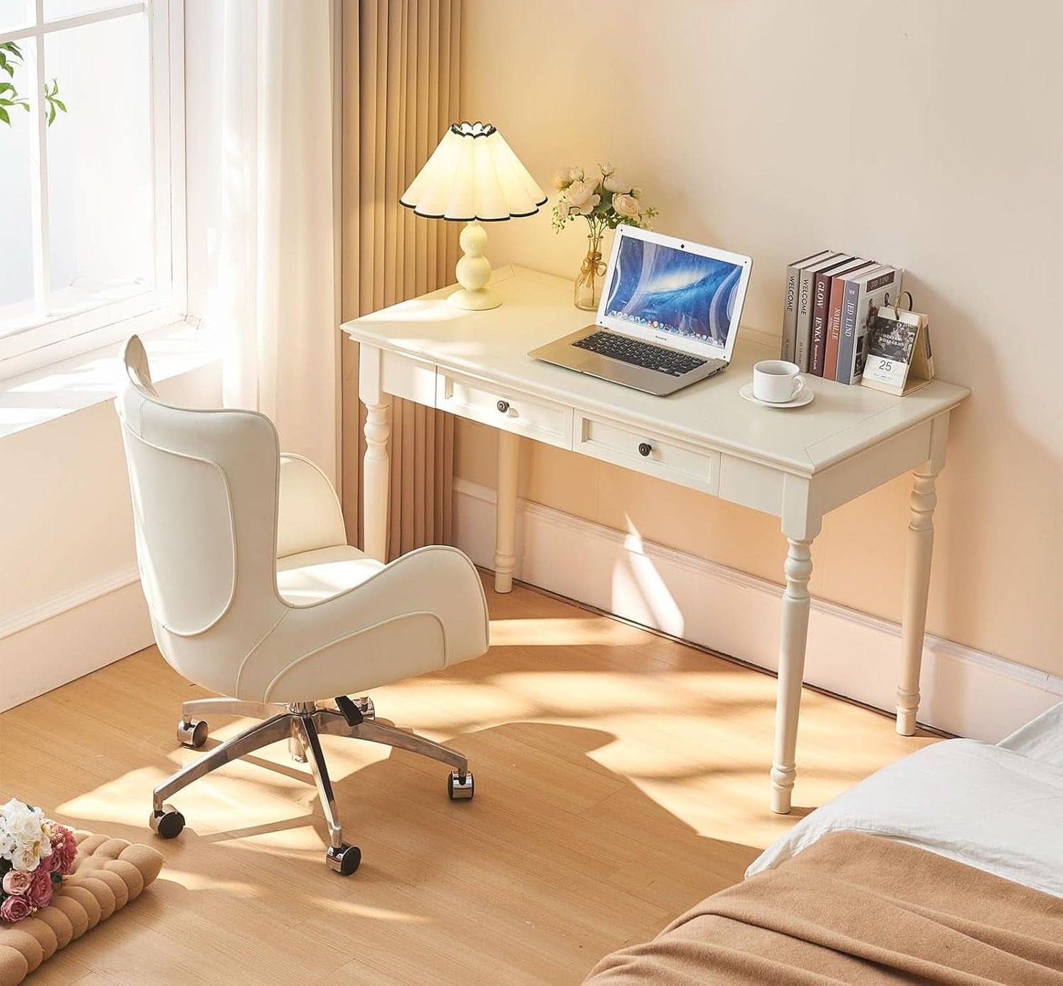 White Desk with Drawers, 47 Inch Home Office Desks Solid Wood Writing ...